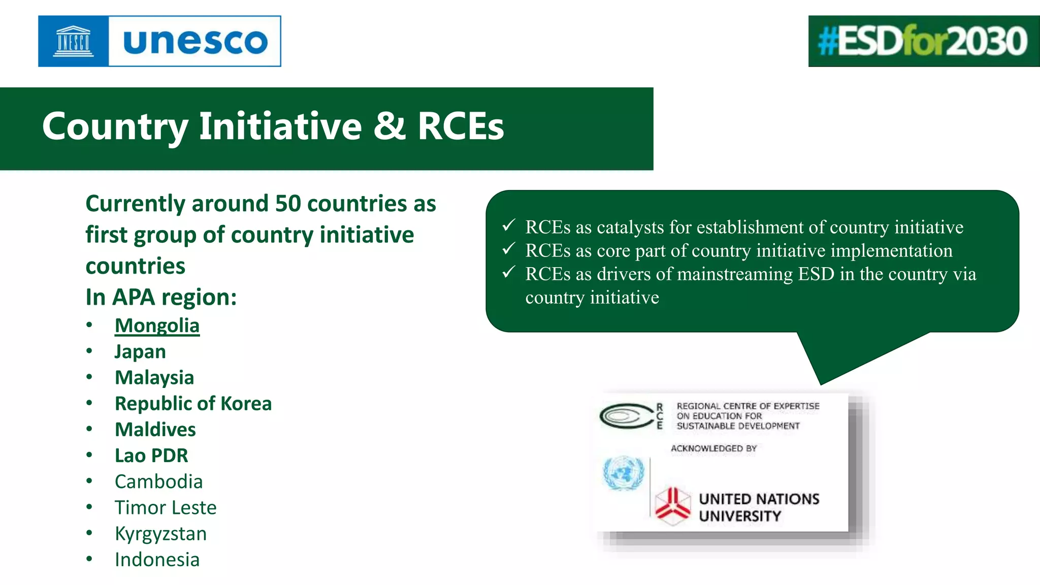 ESD for 2030 Country Initiative and RCEs | PPTX