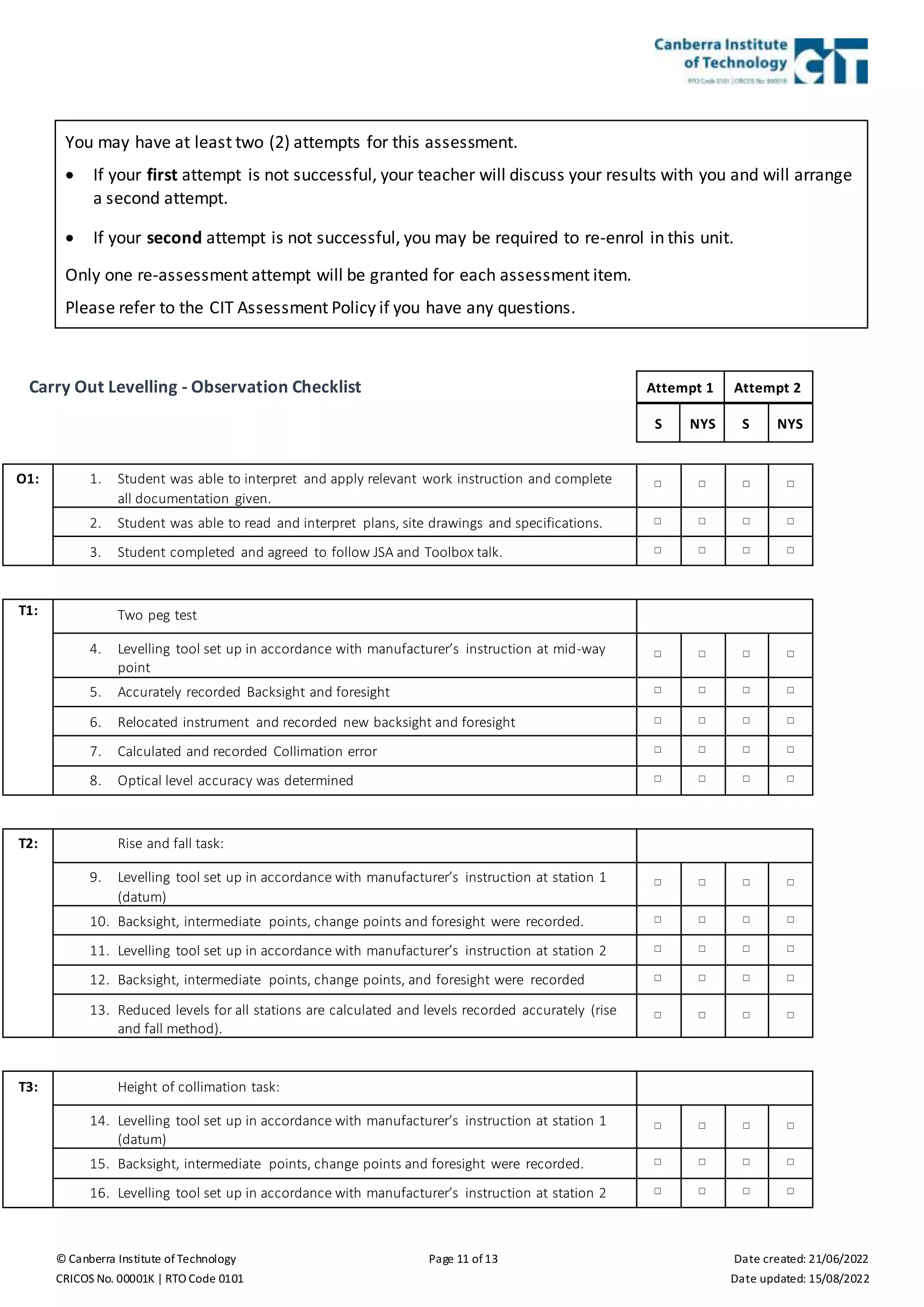 Practical assessment 1-Carry out levelling operations | DOCX