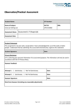 Practical Assessment- Carry out setting out-T shape practical | DOCX