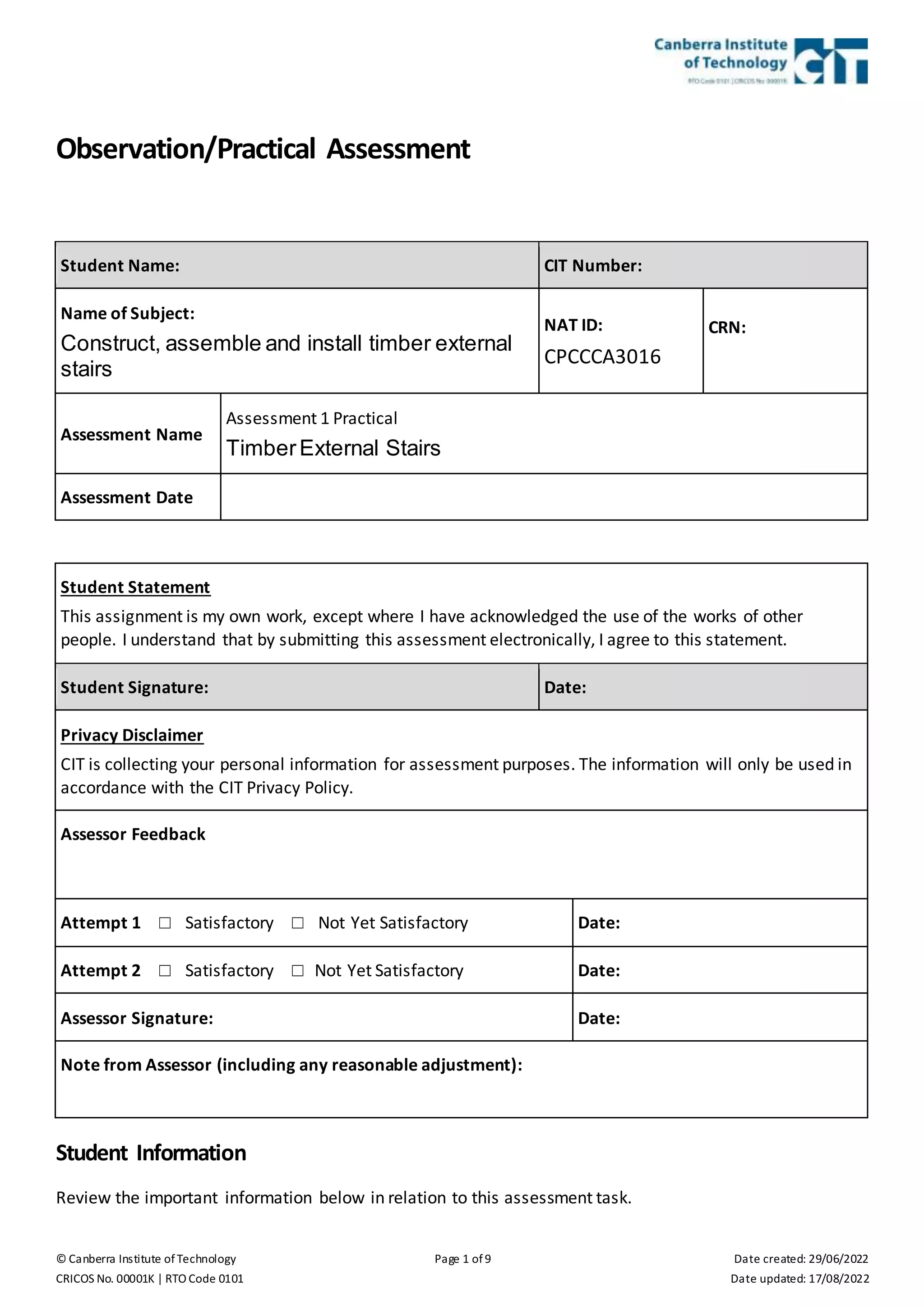 Practical assessment-Construct, assemble and install timber external ...
