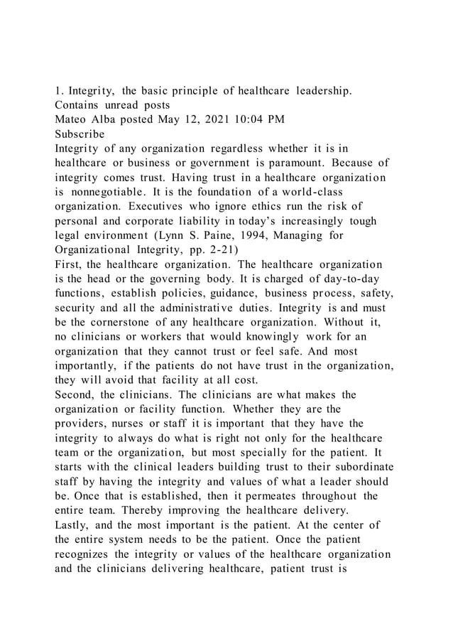 1. Integrity, the basic principle of healthcare leadership.Conta | DOCX