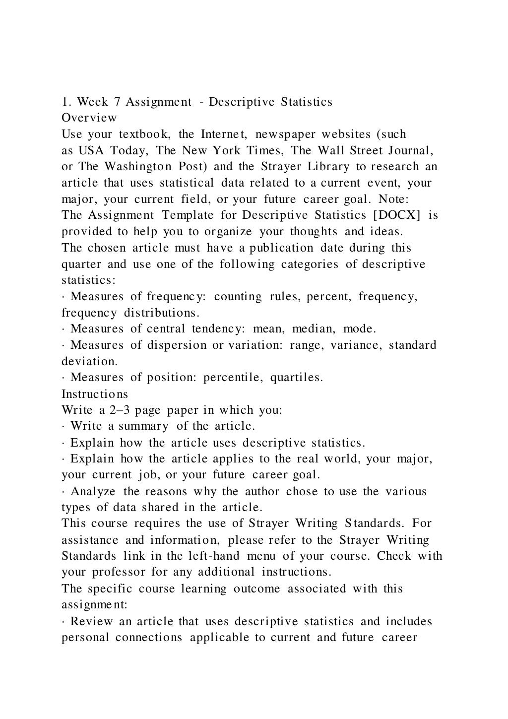 1. Week 7 Assignment - Descriptive StatisticsOverviewUse your | PDF