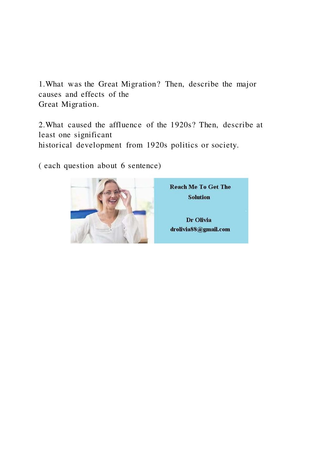 1.What was the Great Migration Then, describe the major cause | DOCX