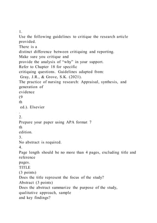 1.Use the following guidelines to critique the research article | PDF