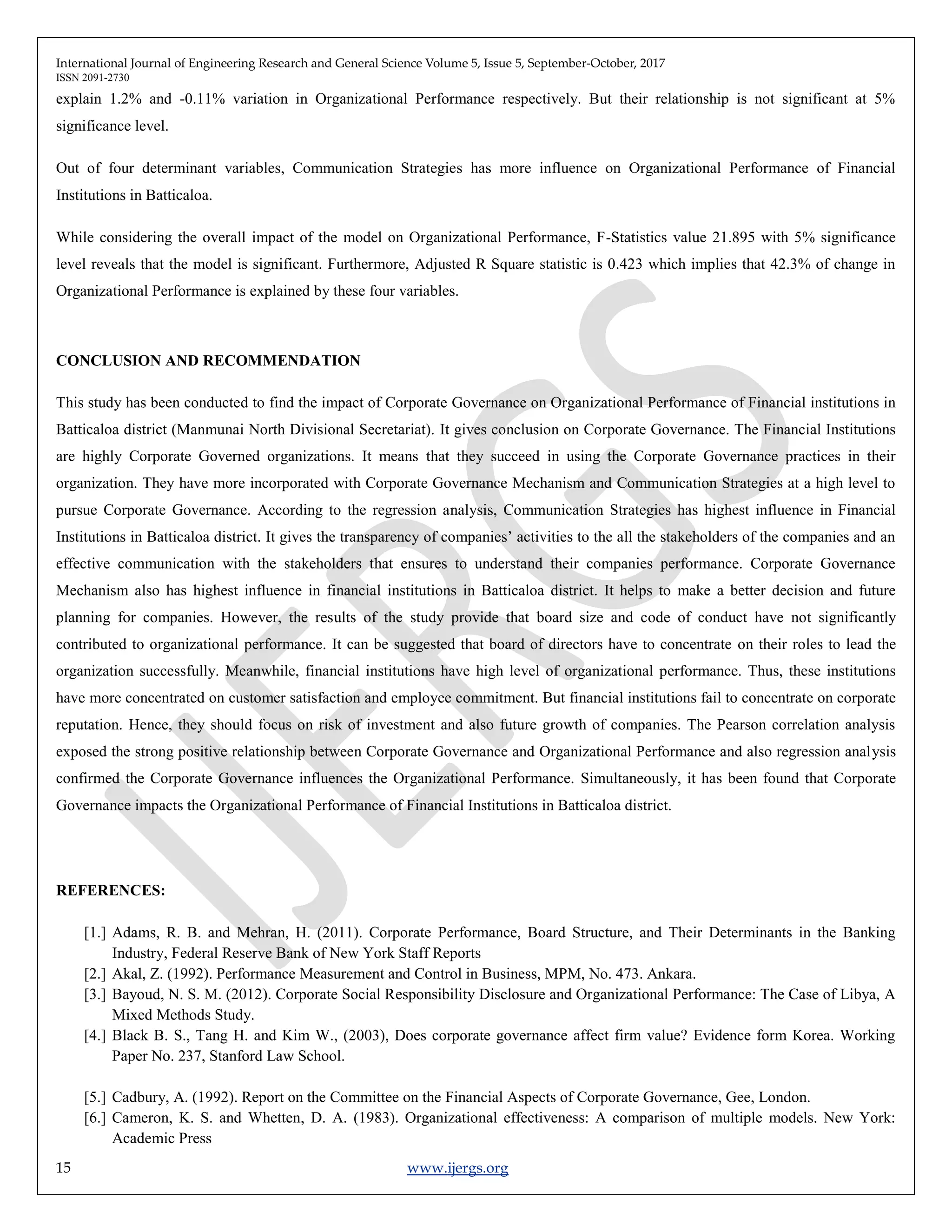 Impact of Corporate Governance on Organizational Performance | PDF