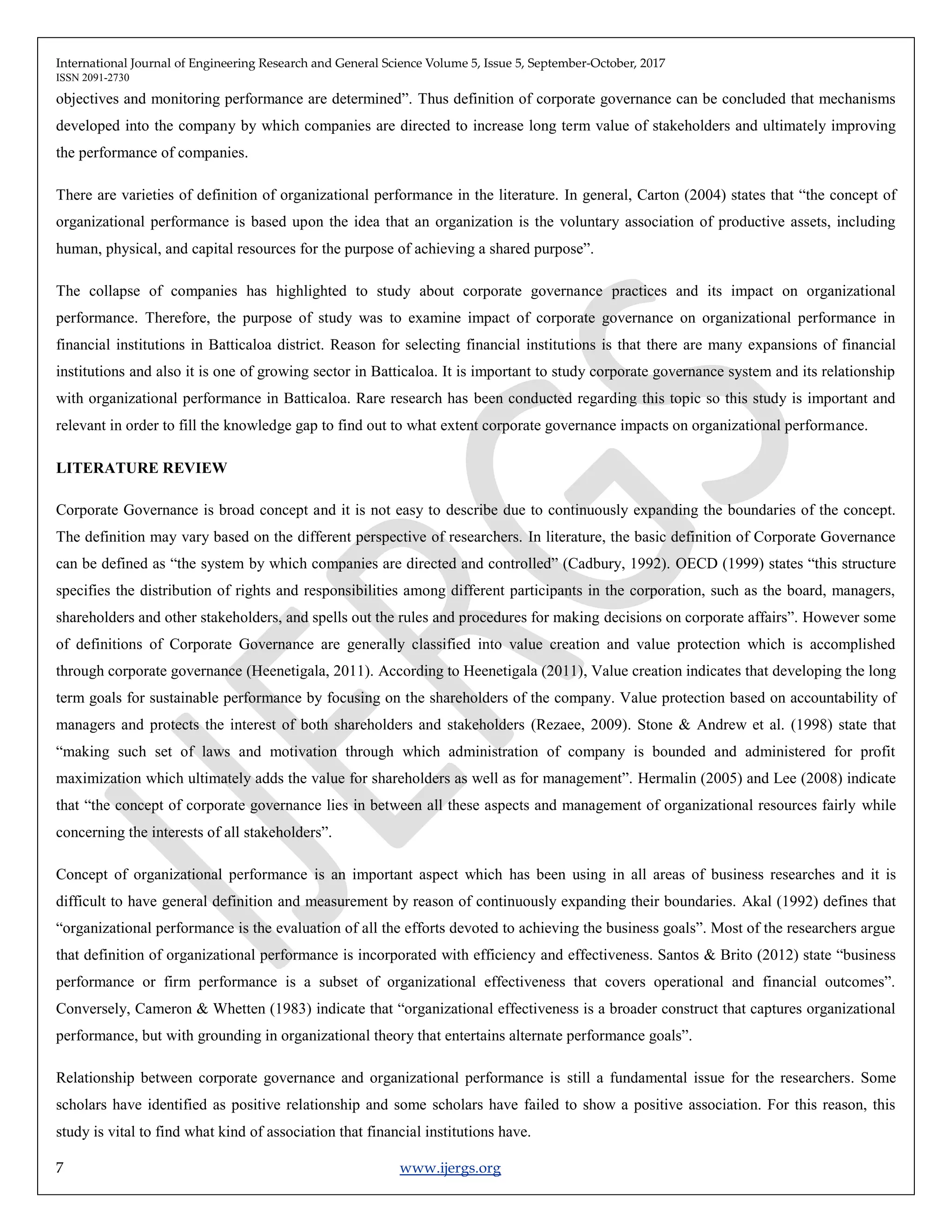 Impact of Corporate Governance on Organizational Performance | PDF