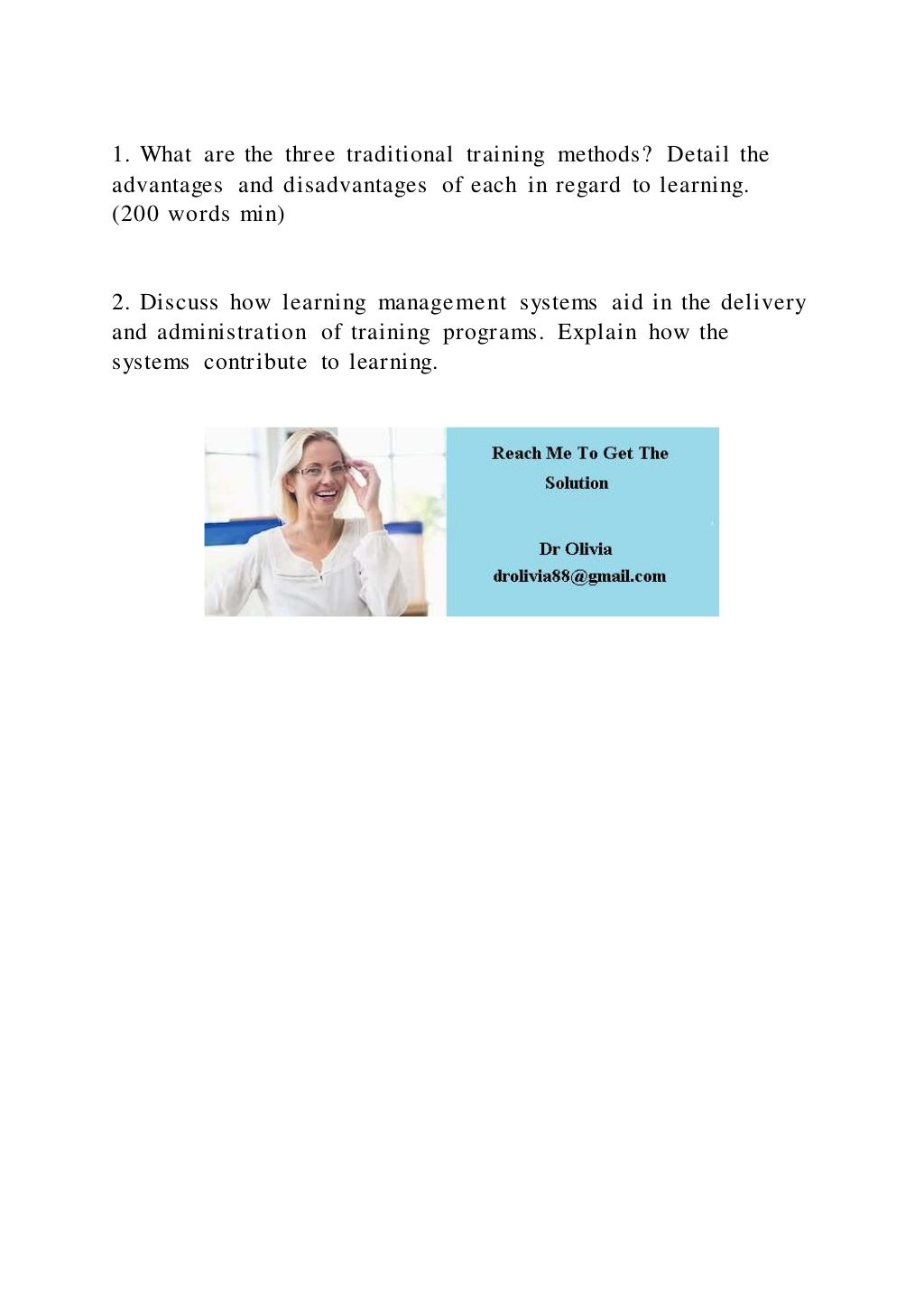 1. What are the three traditional training methods Detail the advan | PDF