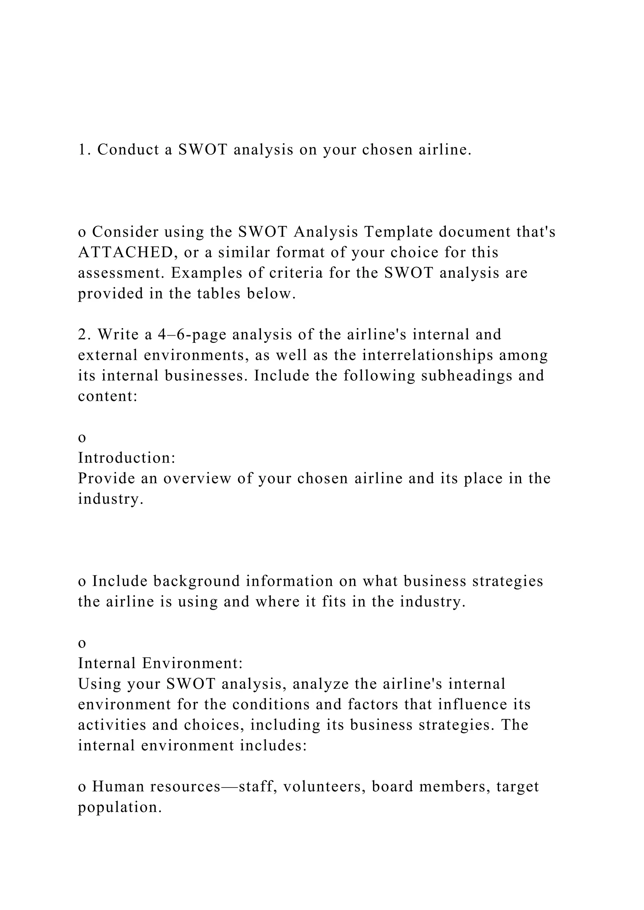 1. Conduct a SWOT analysis on your chosen airline. o Con | DOCX