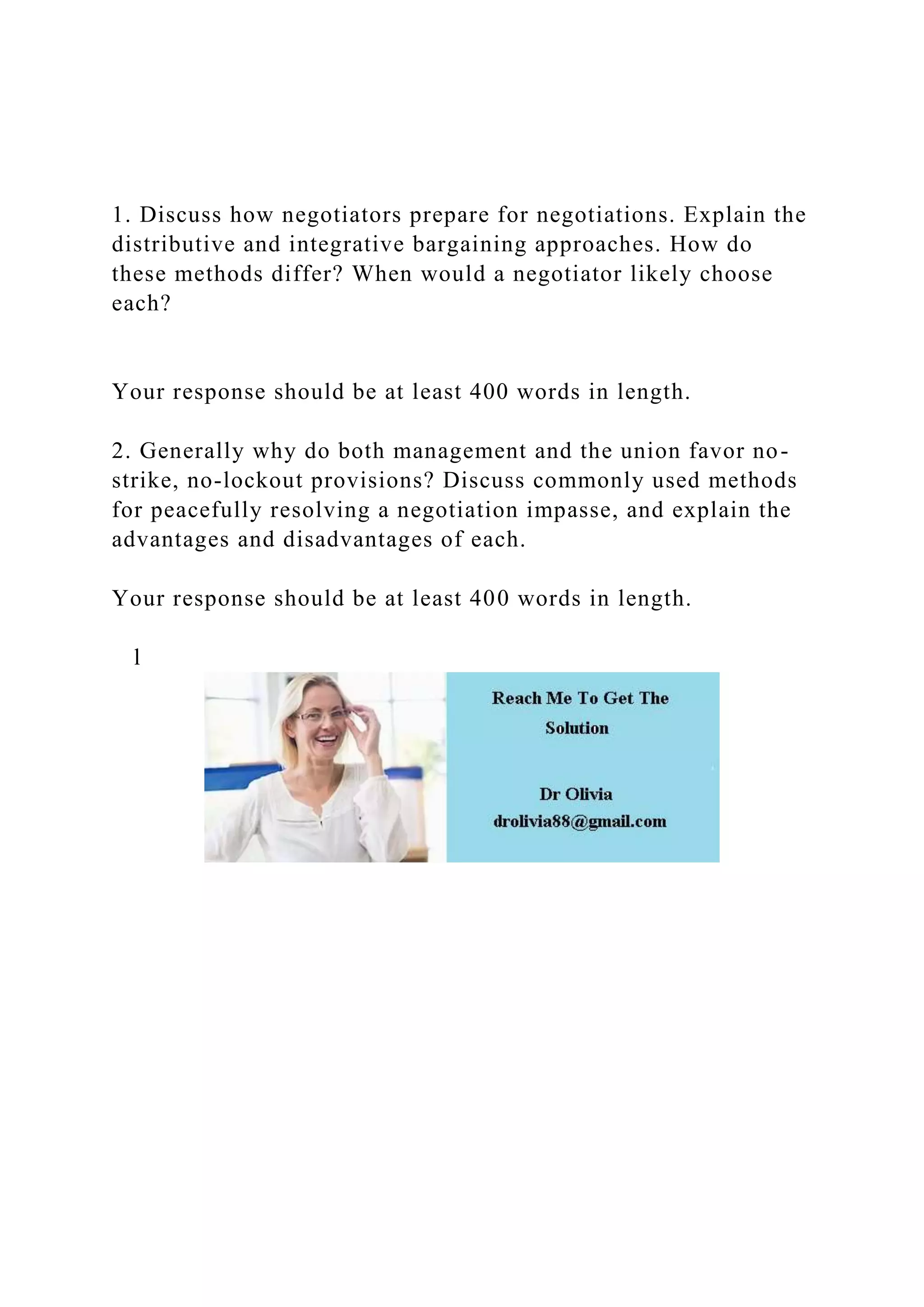 1. Discuss how negotiators prepare for negotiations. Explain the | PDF