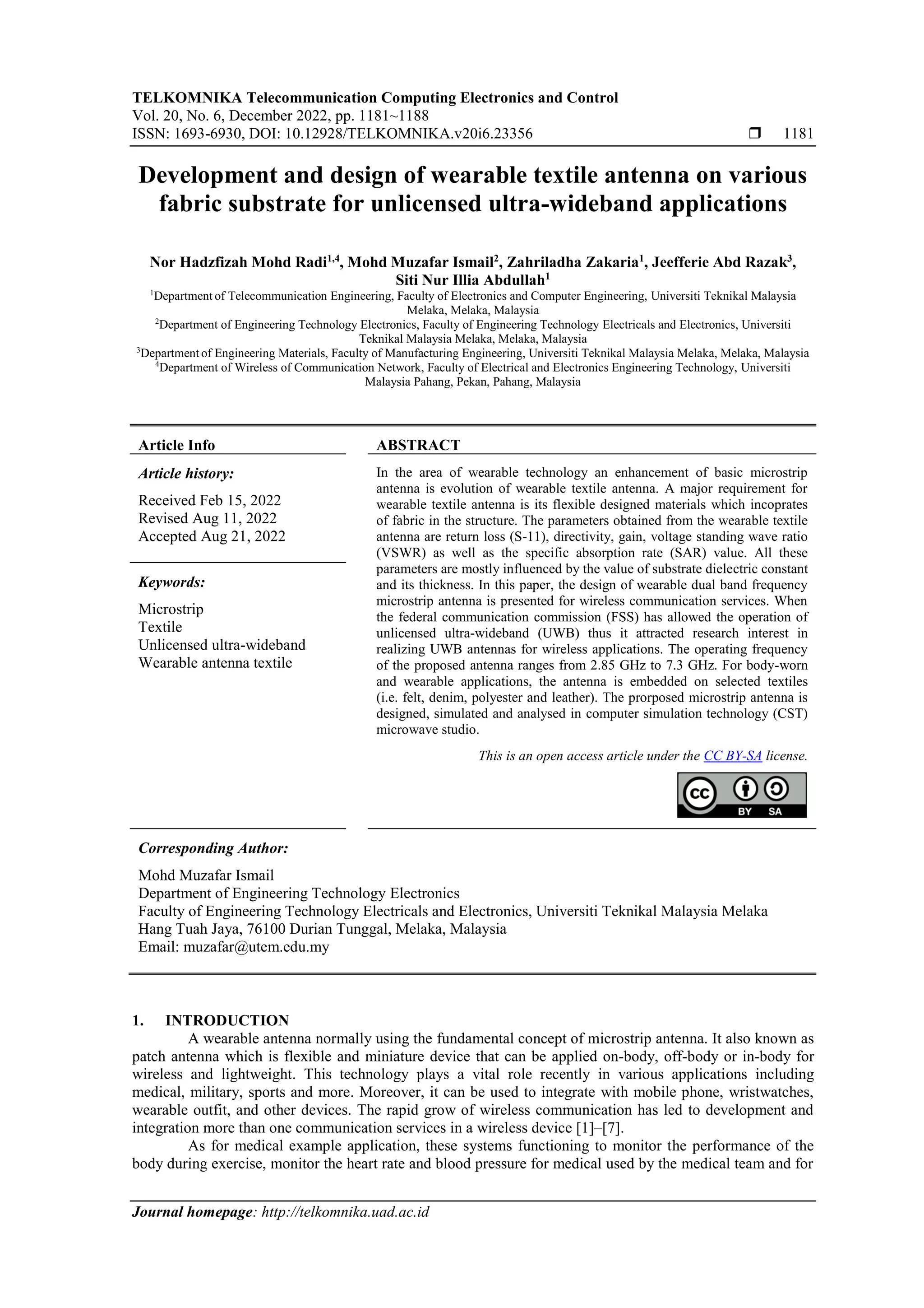 Development and design of wearable textile antenna on various fabric ...