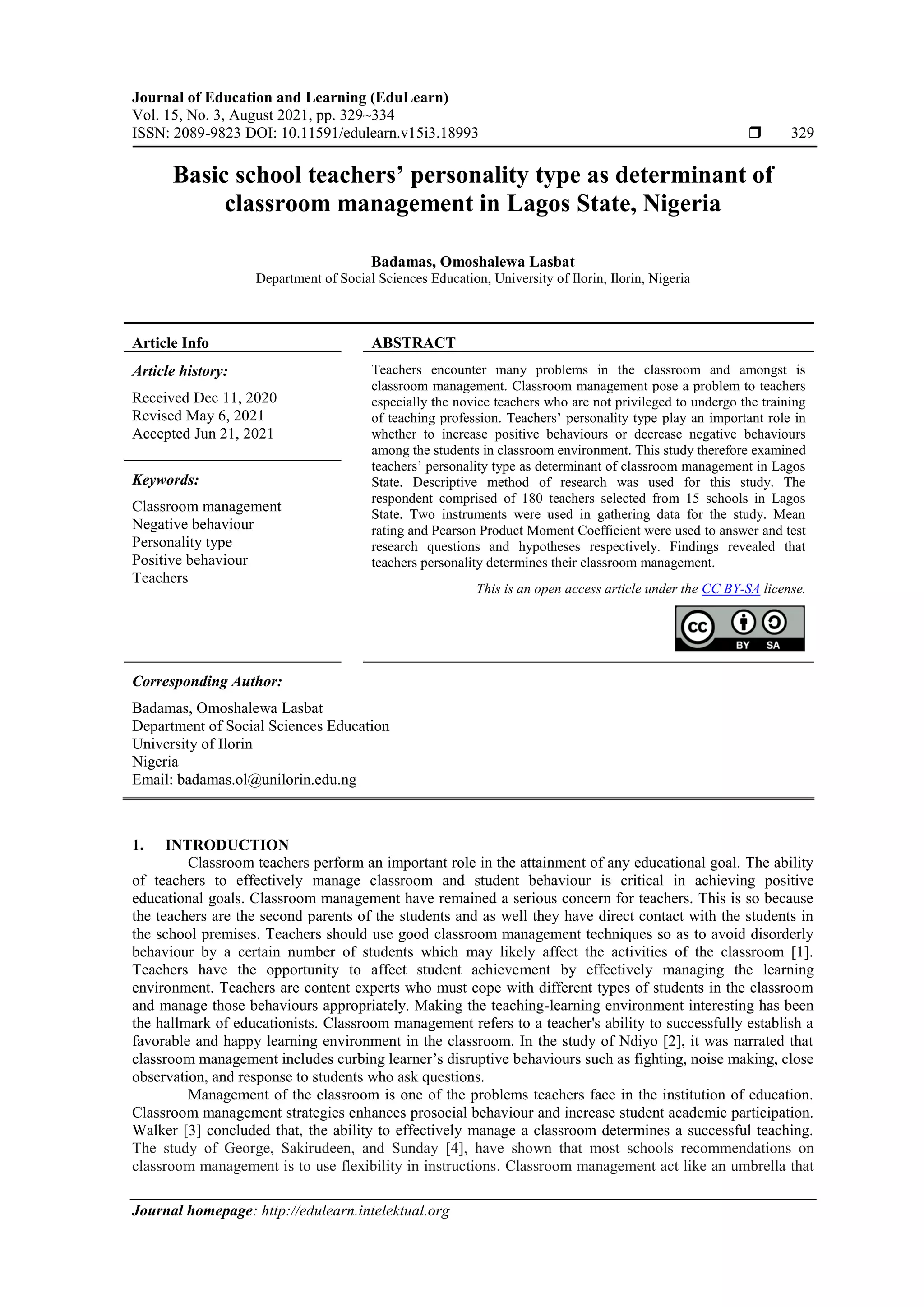 Basic school teachers’ personality type as determinant of classroom management in Lagos State ...