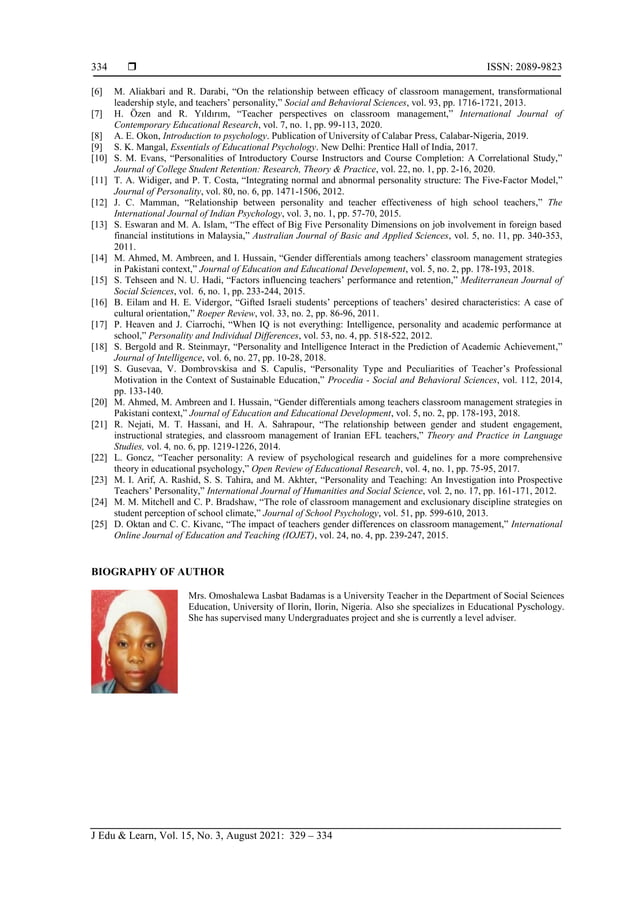 Basic school teachers’ personality type as determinant of classroom management in Lagos State ...