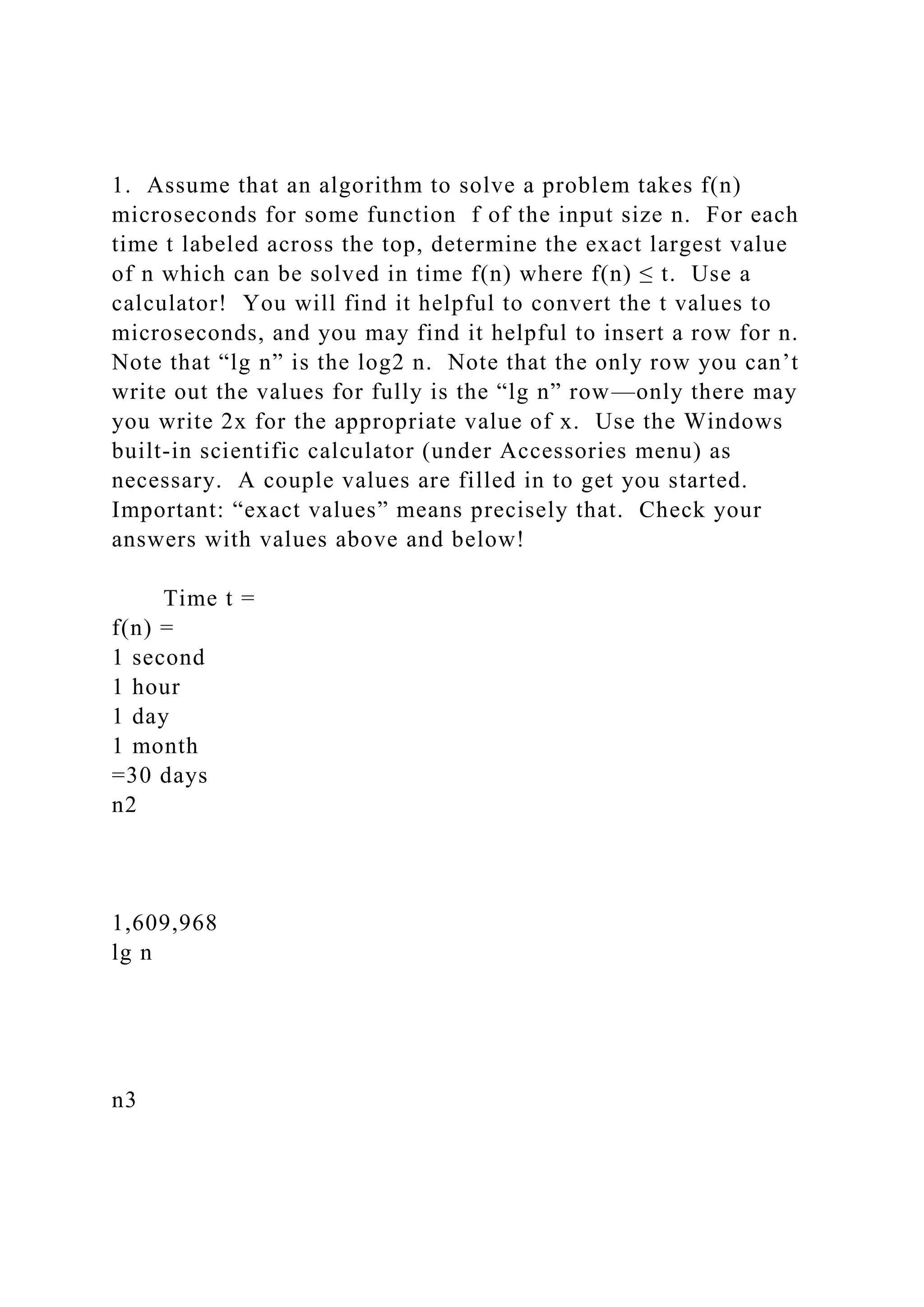 1. Assume that an algorithm to solve a problem takes f(n) microse.docx