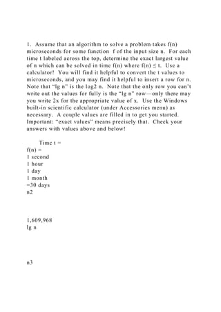 1. Assume that an algorithm to solve a problem takes f(n) microse.docx