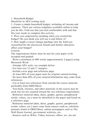 1. Household BudgetShould be in APA writing style.1. Create a .docx ...