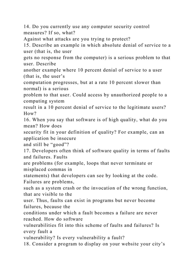 1.8 Exercises1. Distinguish between vulnerability, threat, and con.docx