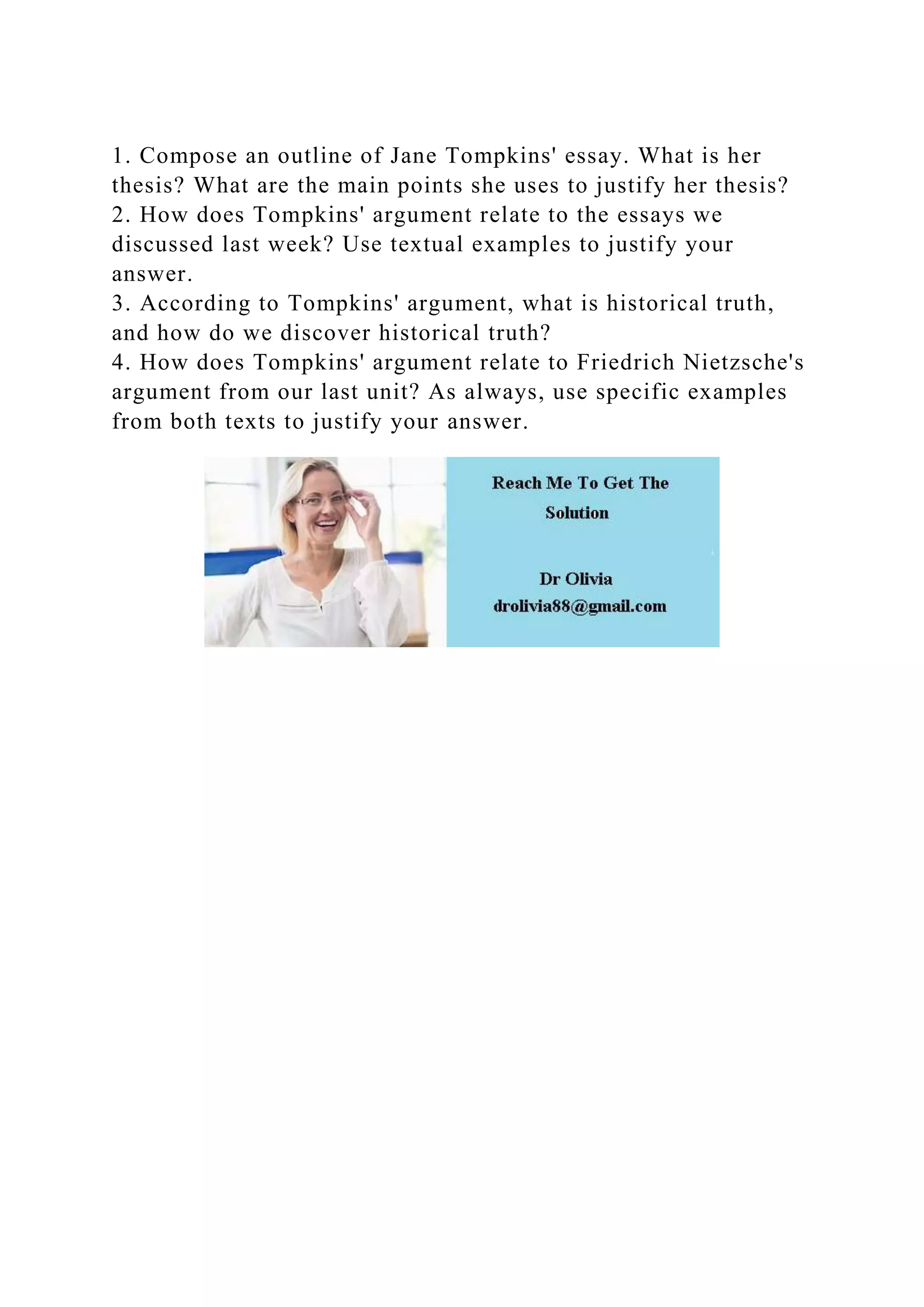 1. Compose an outline of Jane Tompkins essay. What is her thesis W.docx