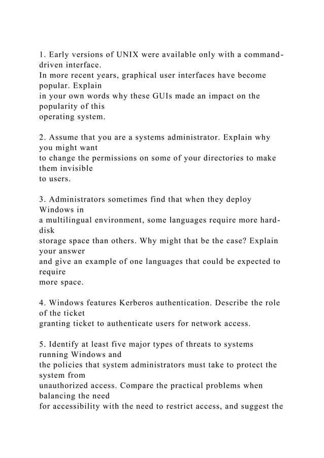 1. Early versions of UNIX were available only with a command-driven .docx | Operating Systems ...