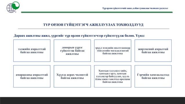 ТҮР ОРЛОН ГҮЙЦЭТГЭГЧИЙГ АЖИЛ АЛБАН ТУШААЛААС ЧӨЛӨӨЛӨХ ҮНДЭСЛЭЛ