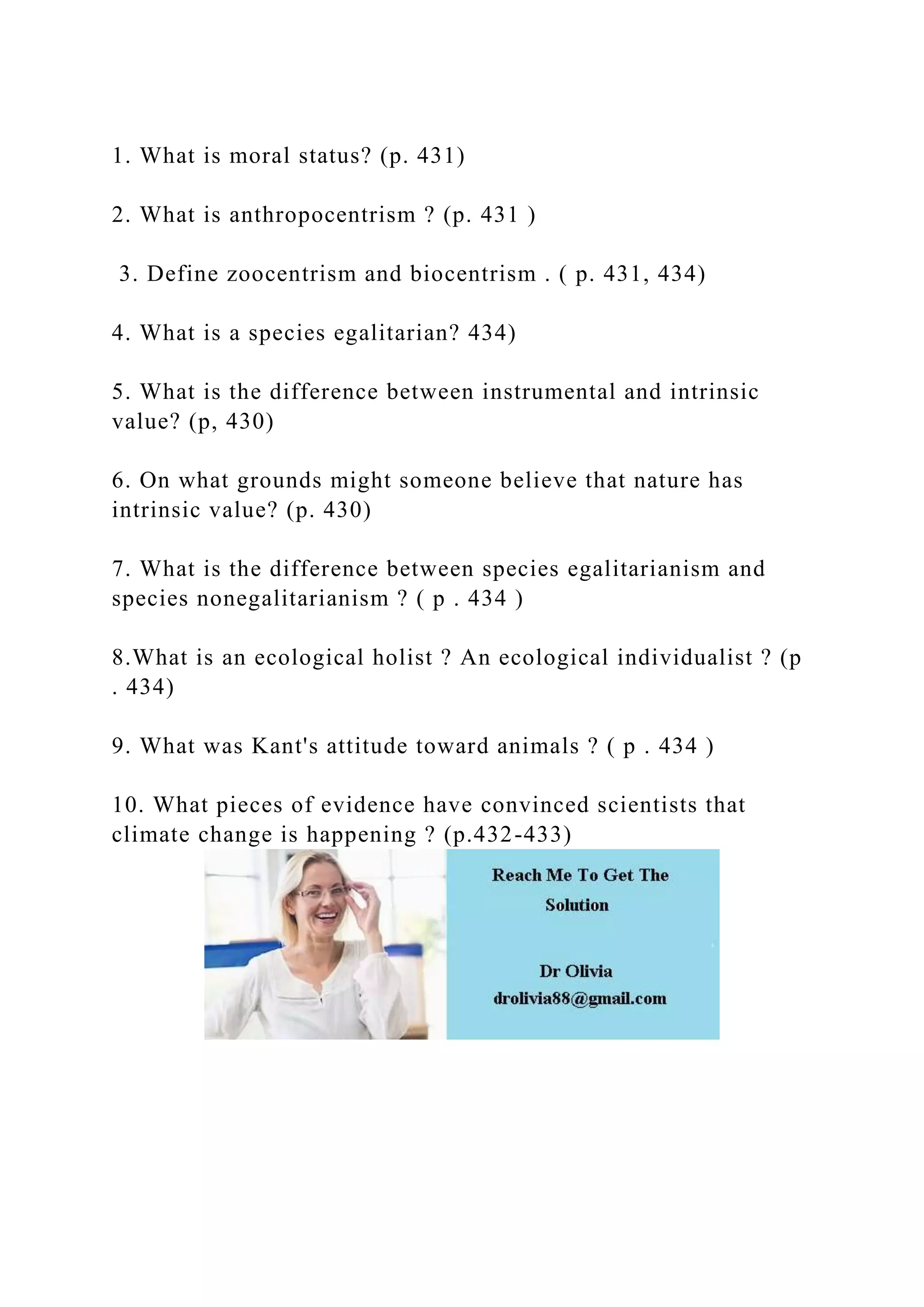 1. What is moral status (p. 431) 2. What is anthropocentrism .docx