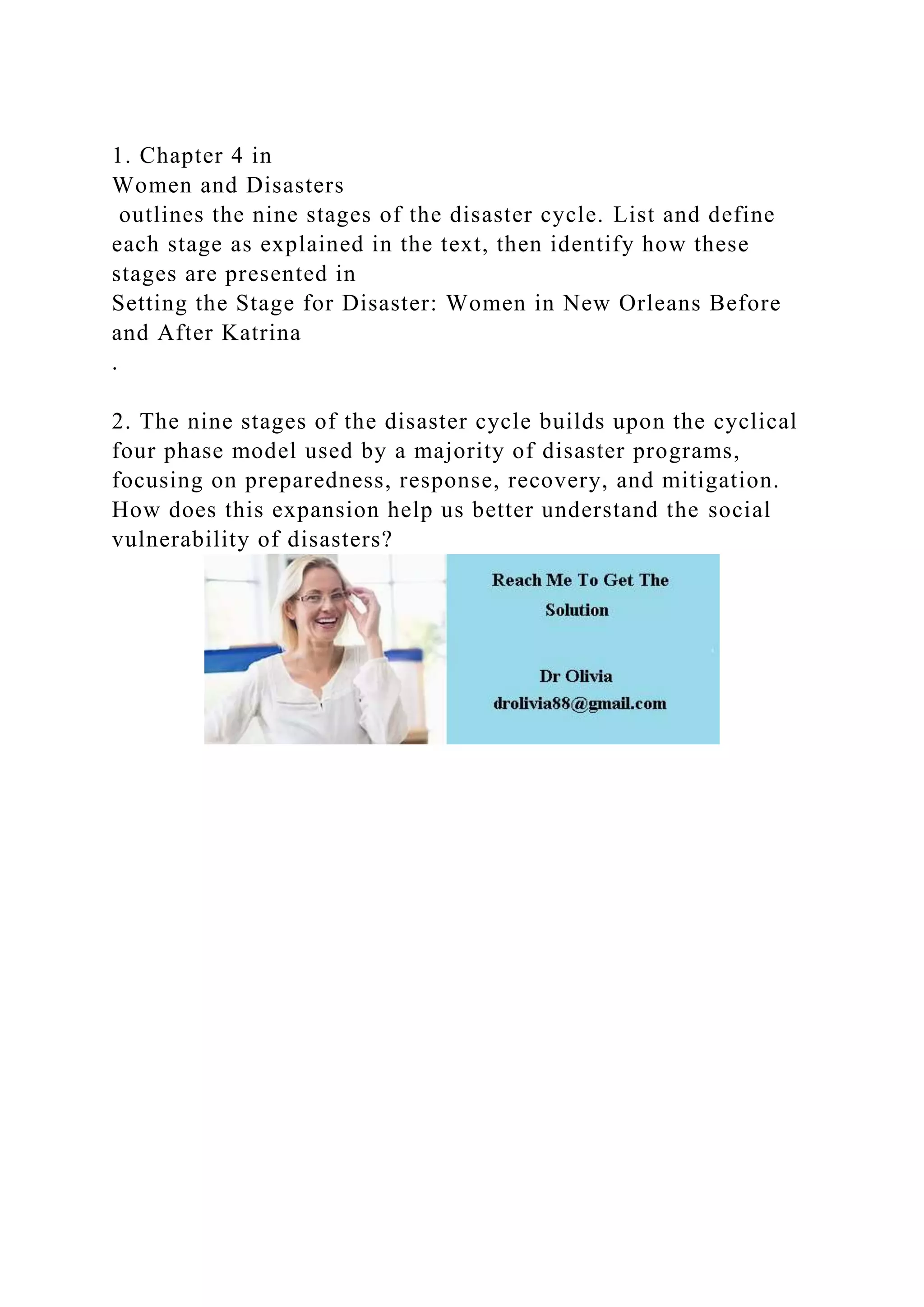 1. Chapter 4 in Women and Disasters outlines the nine stages of .docx | Disasters