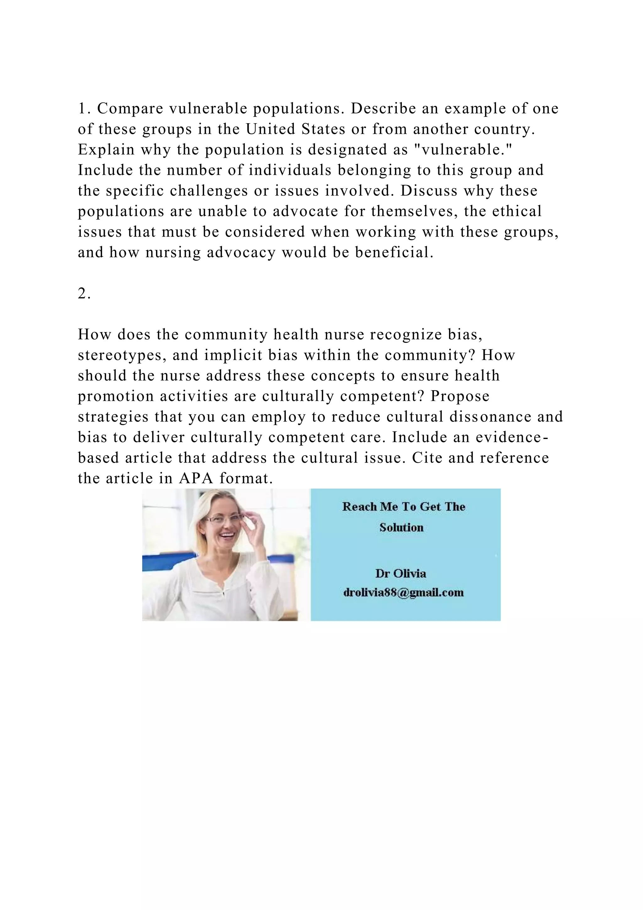 1. Compare vulnerable populations. Describe an example of one of the.docx