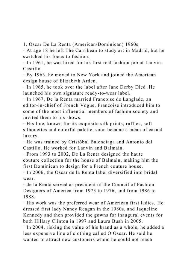 1. Oscar De La Renta (AmericanDominican) 1960s· At age 18 he .docx