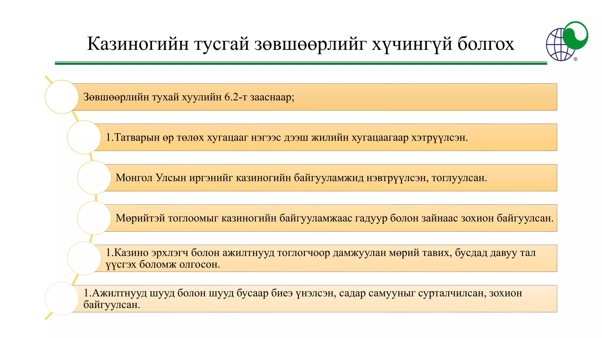КАЗИНОГИЙН ТУХАЙ ХУУЛИЙН ТӨСЛИЙН ТАНИЛЦУУЛГА Ppt