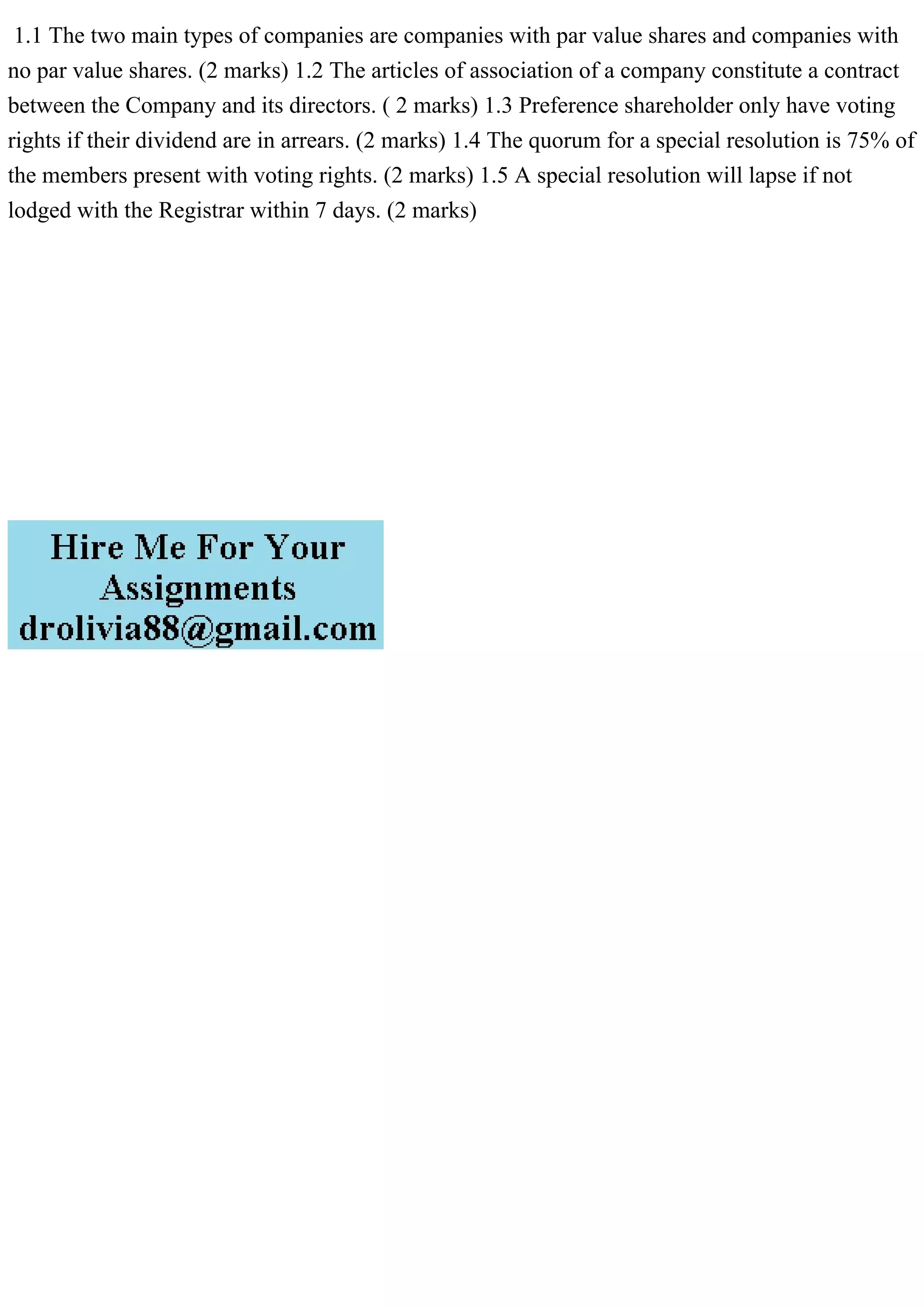 1.1 The two main types of companies are companies with par value shar ...