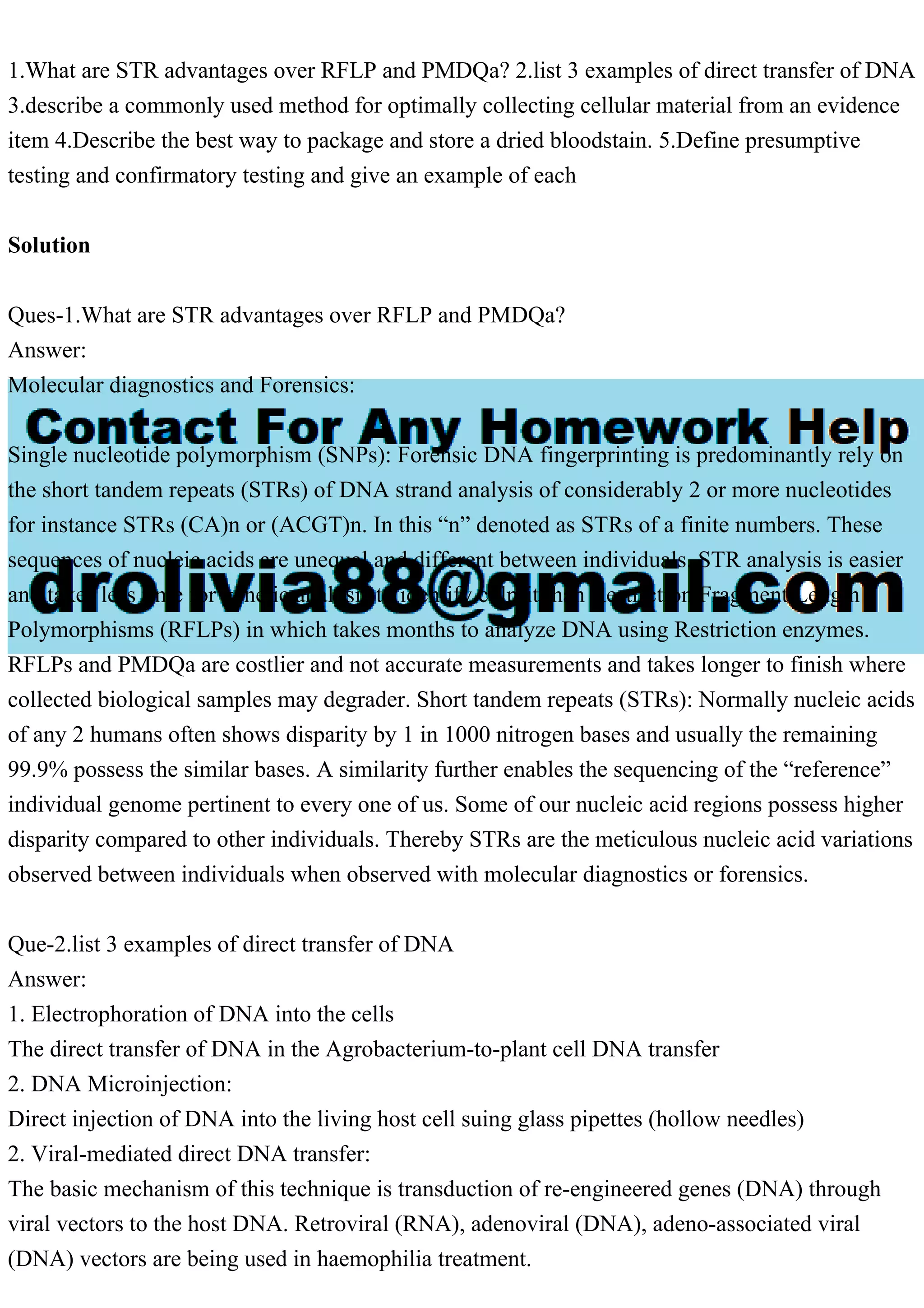 1.What are STR advantages over RFLP and PMDQa 2.list 3 examples of .pdf