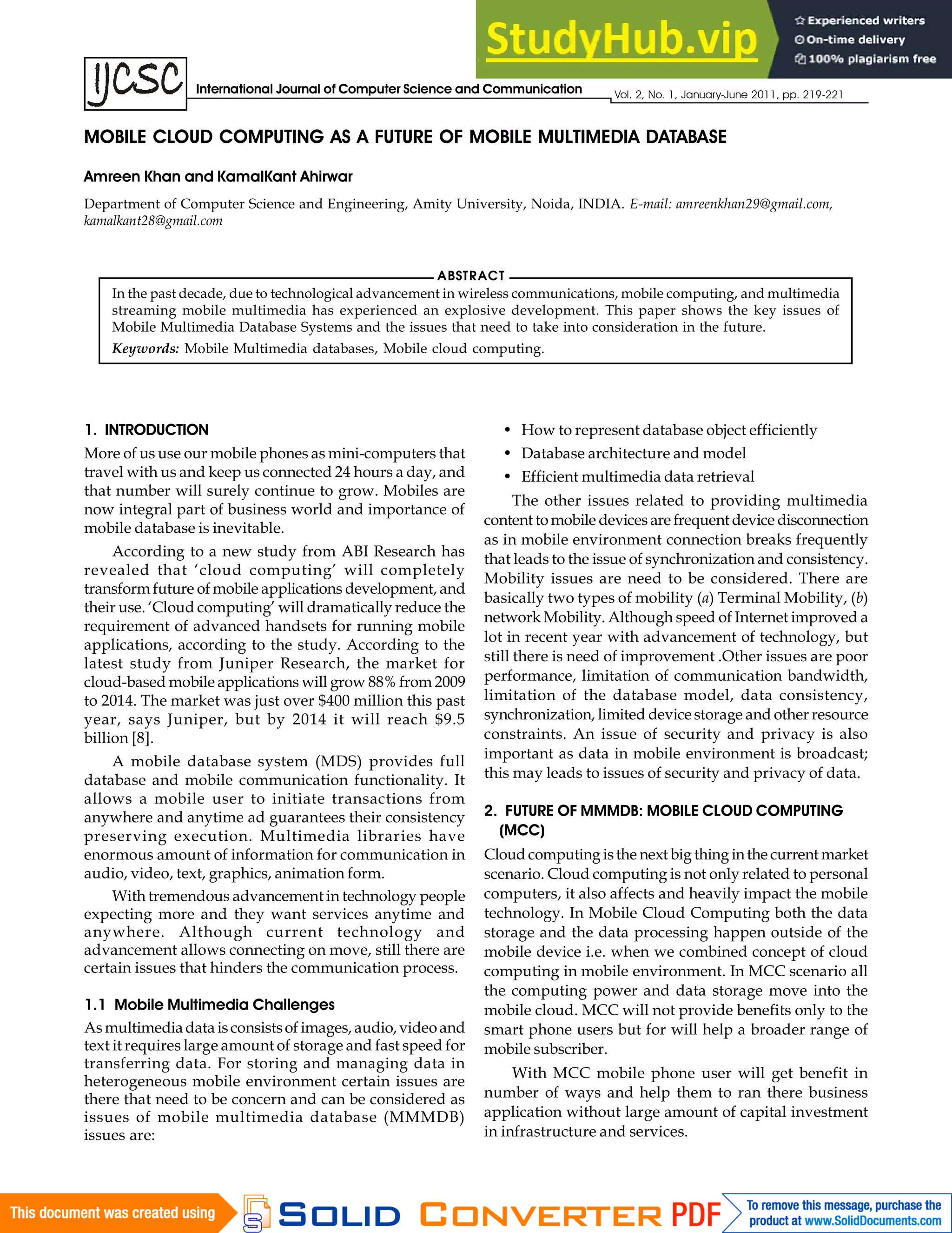 1 Mobile Cloud Computing As A Future Of Mobile Multimedia Database Pdf
