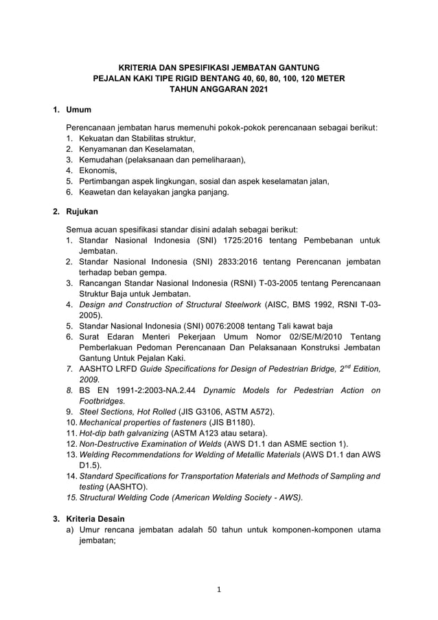 1. Kriteria Desain dan Spesifikasi Teknis Jembatan Gantung Pejalan Kaki Tipe Rigid Bentang 40 ...