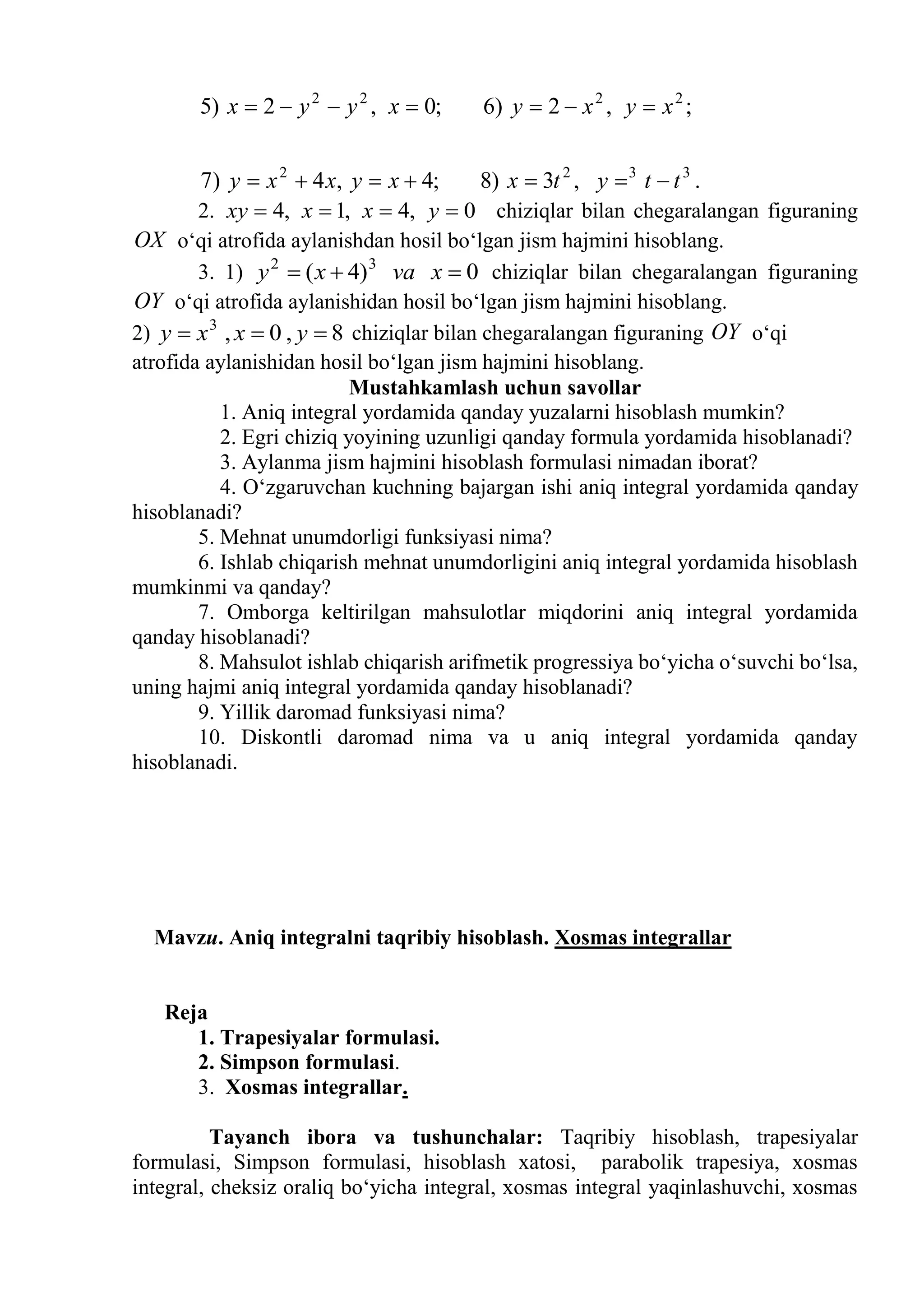 1. Aniq integralga keltiriladigan masalalar haqida. Aniq integra.docx