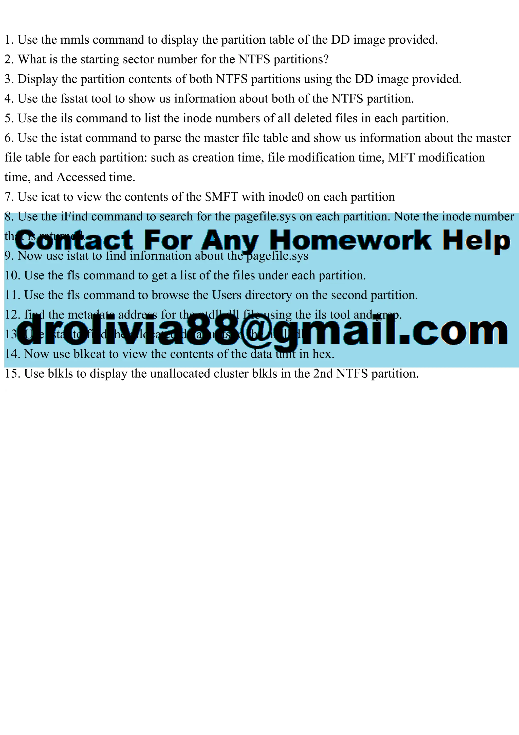 1. Use the mmls command to display the partition table of the DD ima.pdf