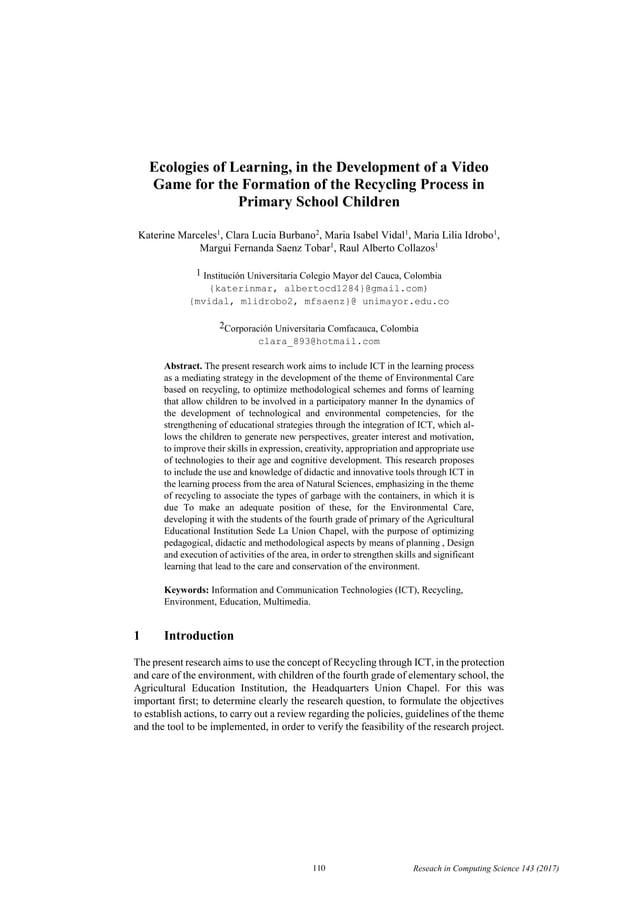 Ecologies of Learning, in the Development of a Video Game for the Formation of the Recycling ...