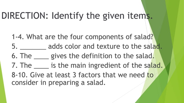 COOKERY 9 Lesson 1.2 Components of Salad.pptx | Cooking | Food & Drink
