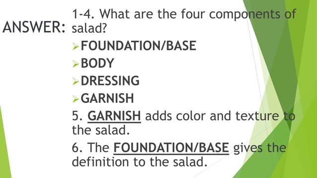 COOKERY 9 Lesson 1.2 Components of Salad.pptx | Cooking | Food & Drink