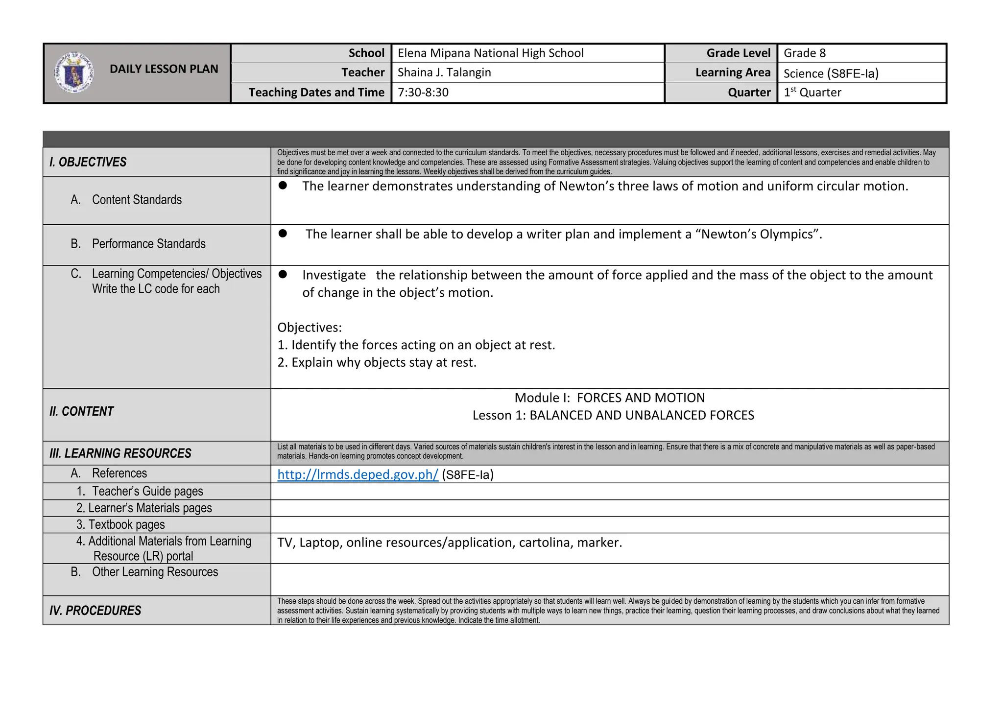 Daily lesson plan for science and more . | DOCX
