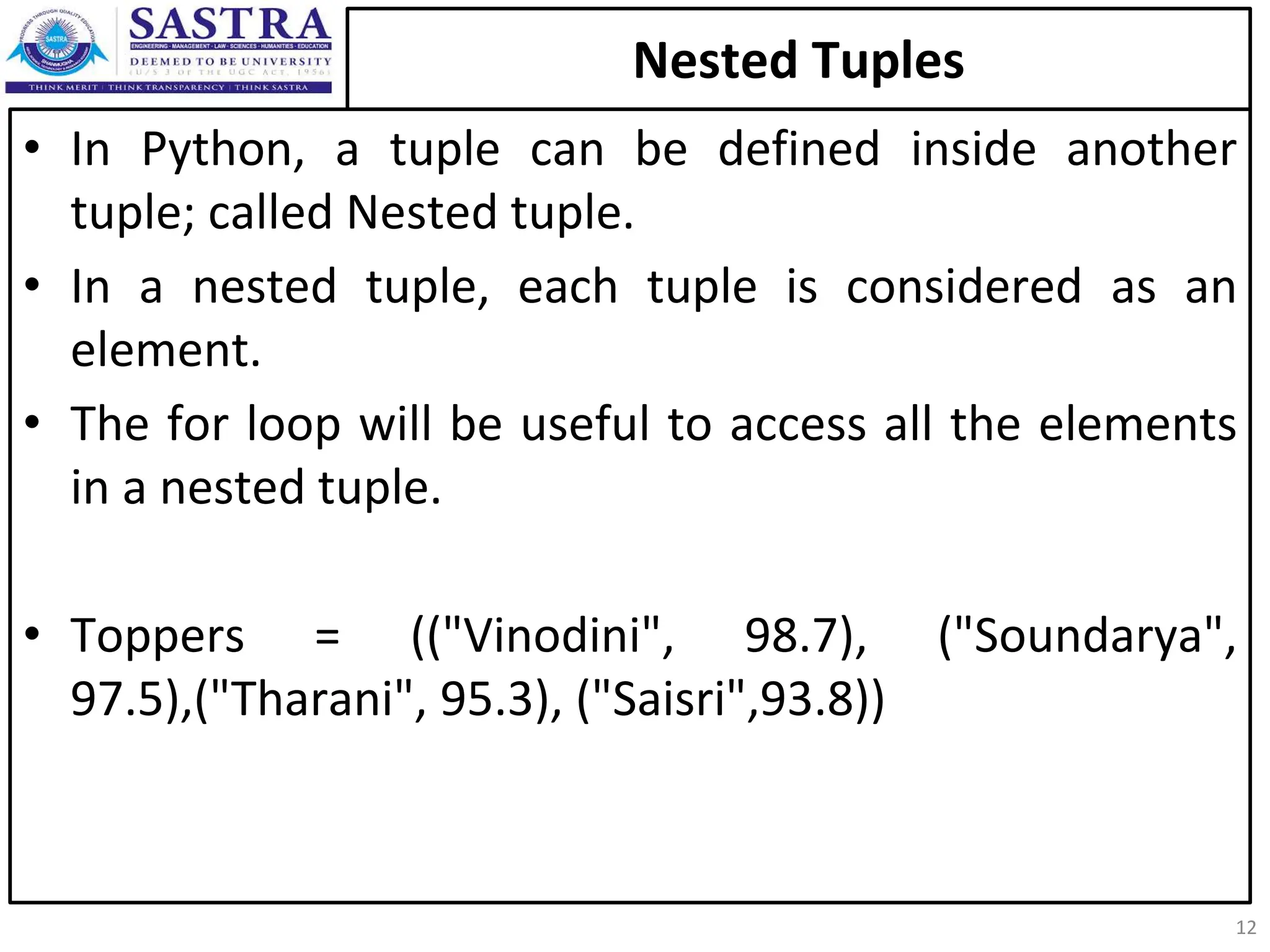 1.10 Tuples_sets_usage_applications_advantages.pptx | Programming Languages | Computing