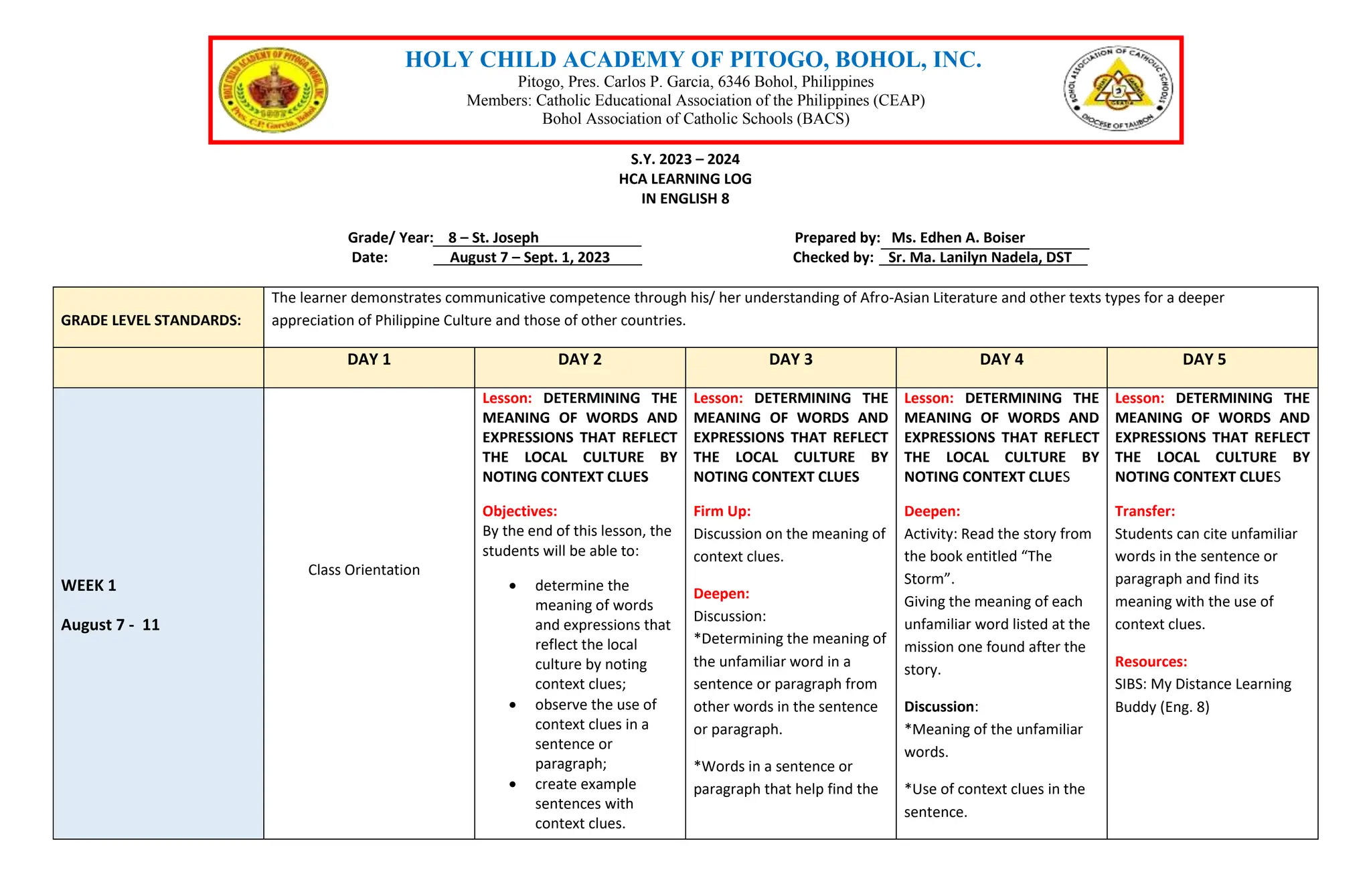 English for Grade 8 Lesson Log Quarter 1 | DOCX