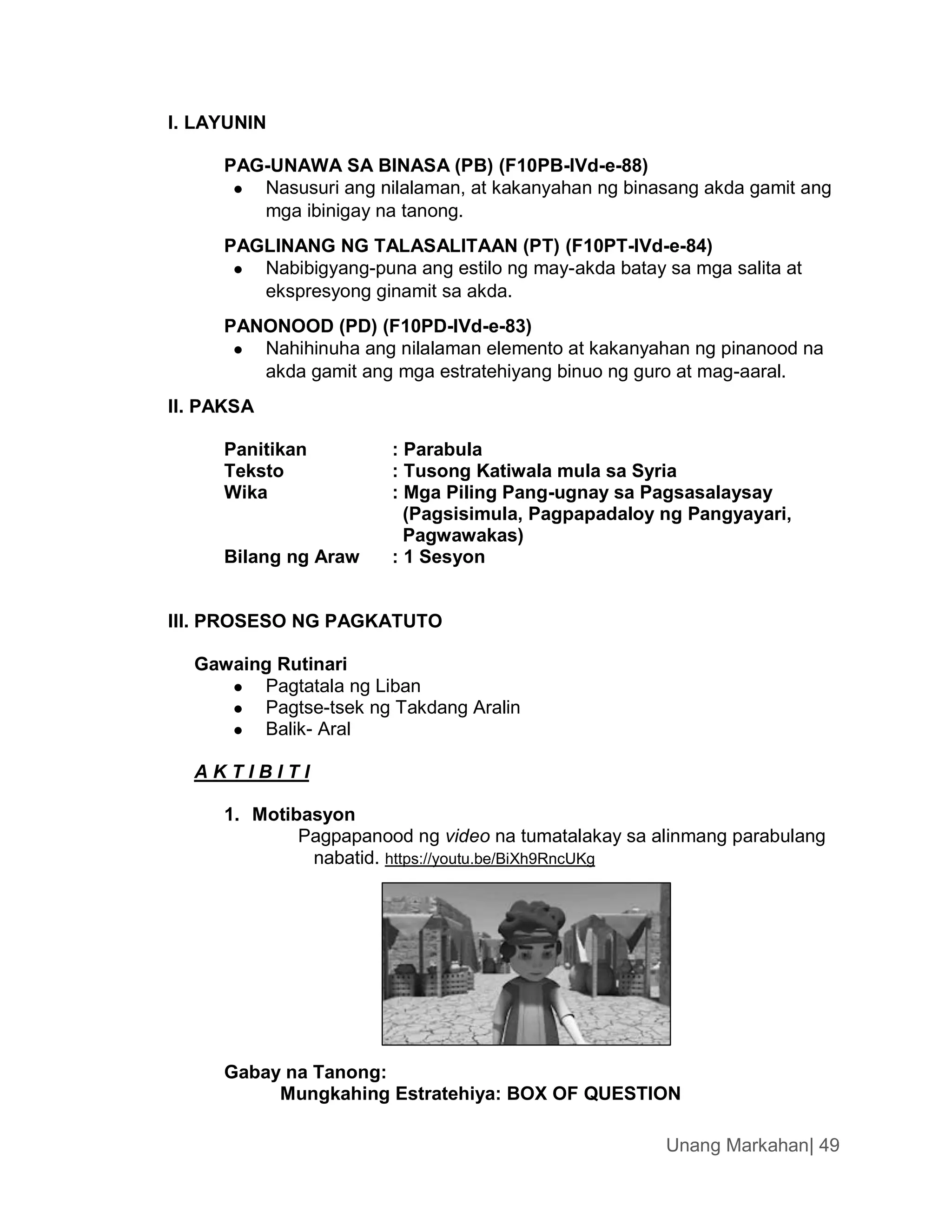 DLL FILIPINO 10. Aralin 1.3 BANGHAY ARALIN SA FILIPINO | PDF