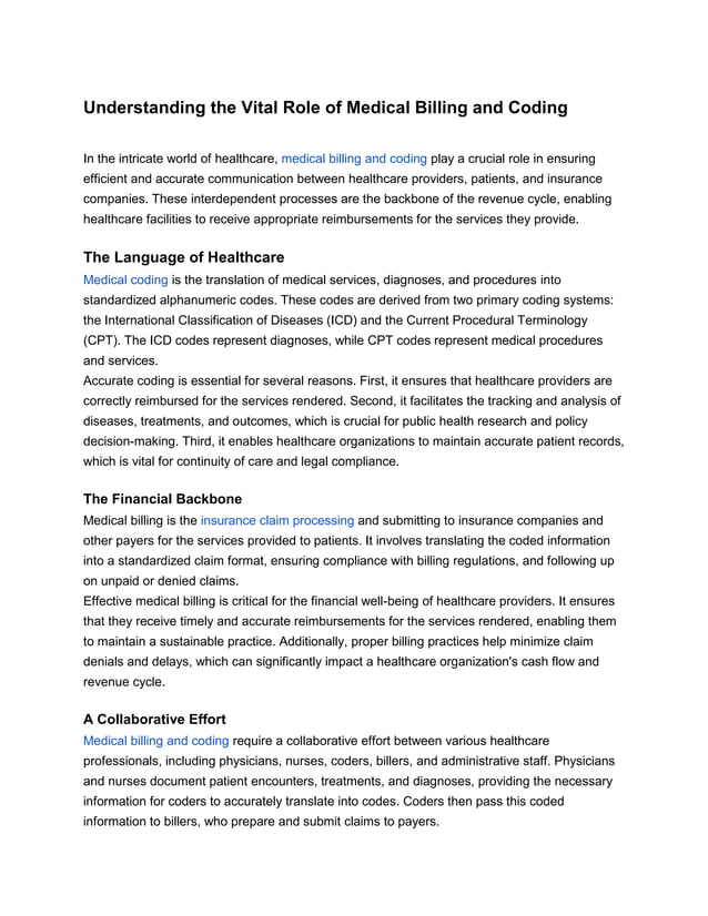 Understanding the Vital Role of Medical Billing and Coding | PDF
