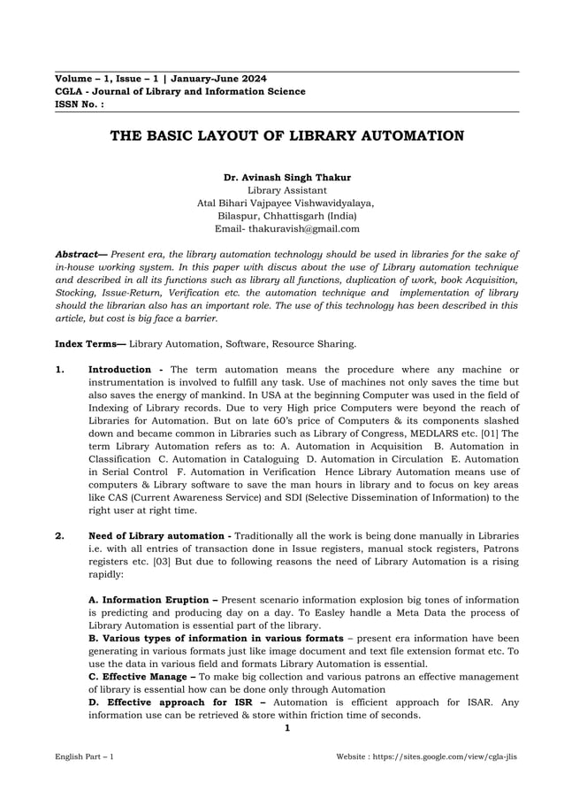 THE BASIC LAYOUT OF LIBRARY AUTOMATION - DR. AVINASH SINGH THAKUR | PDF | Internet | Computing