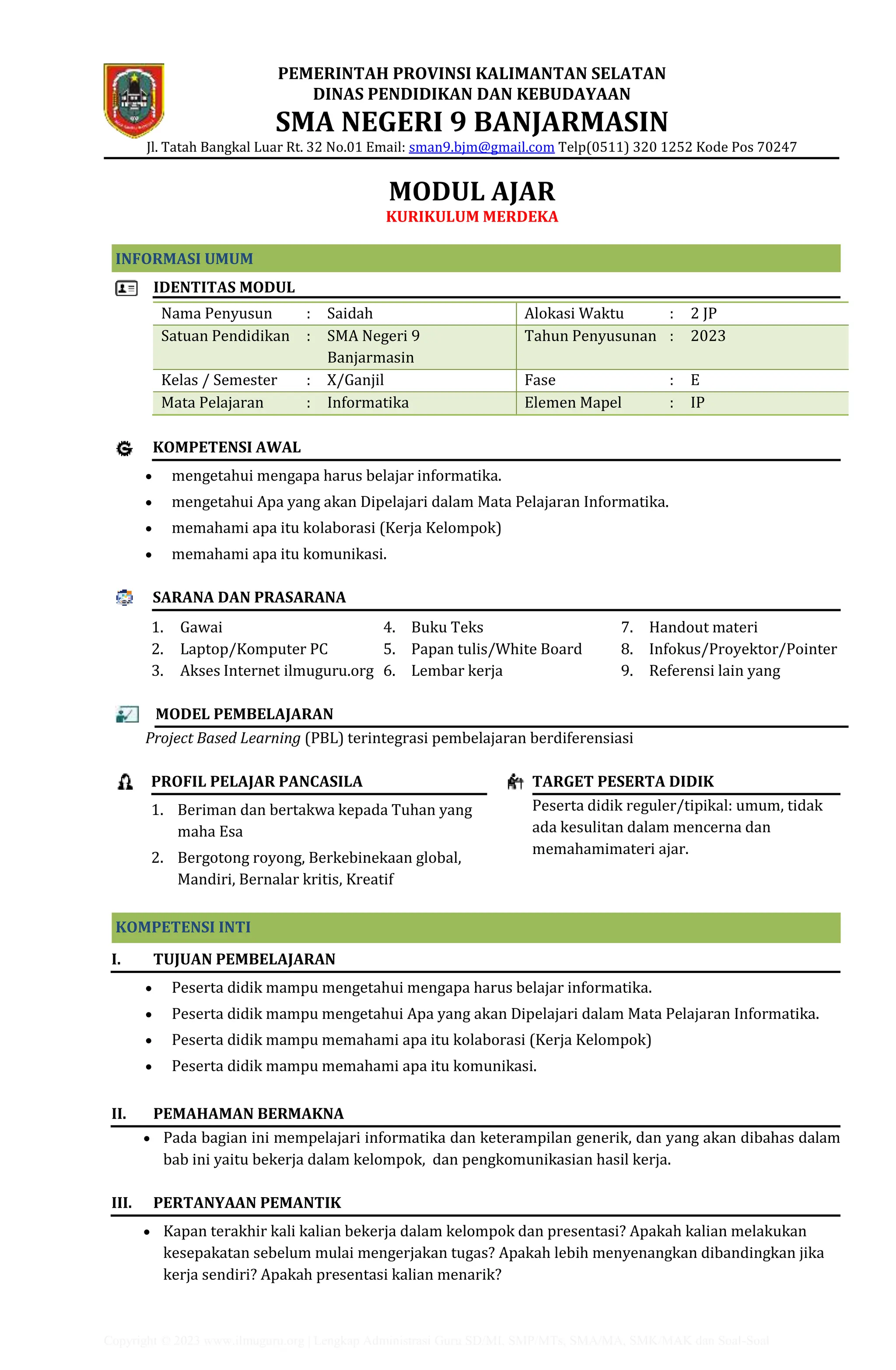 Modul ajar pembelajaran informatika kelas x.docx