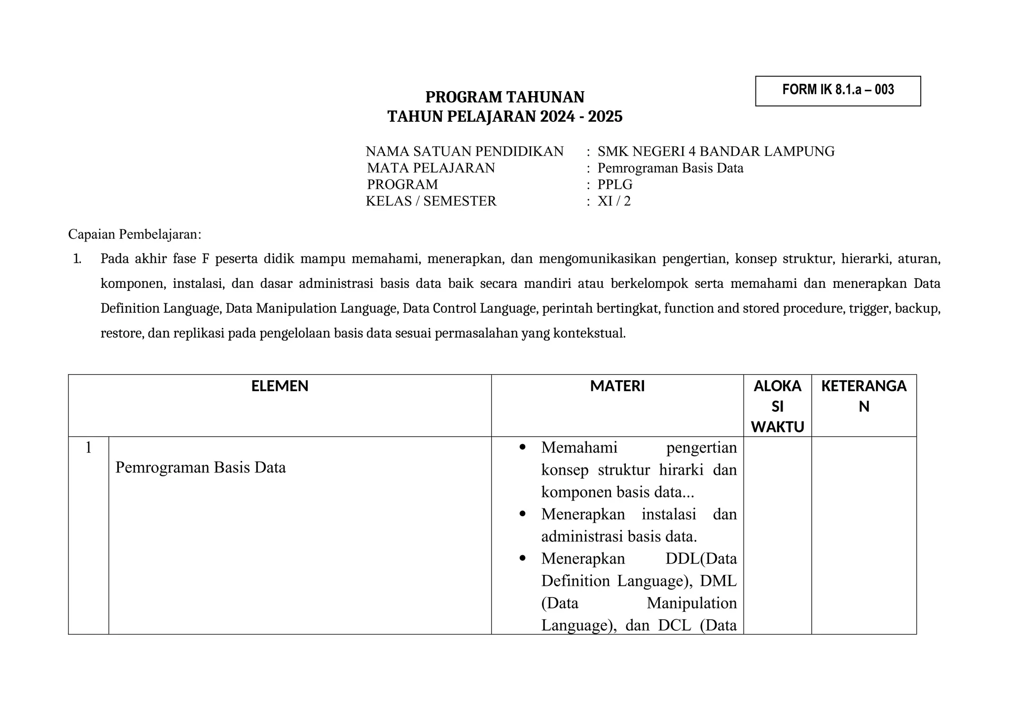 PROTA KurMer prota kurmer untuk mapel basis data | PPT