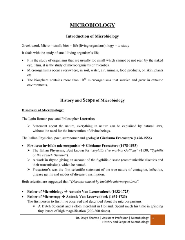 Introduction History and Scope of Microbiology | PDF