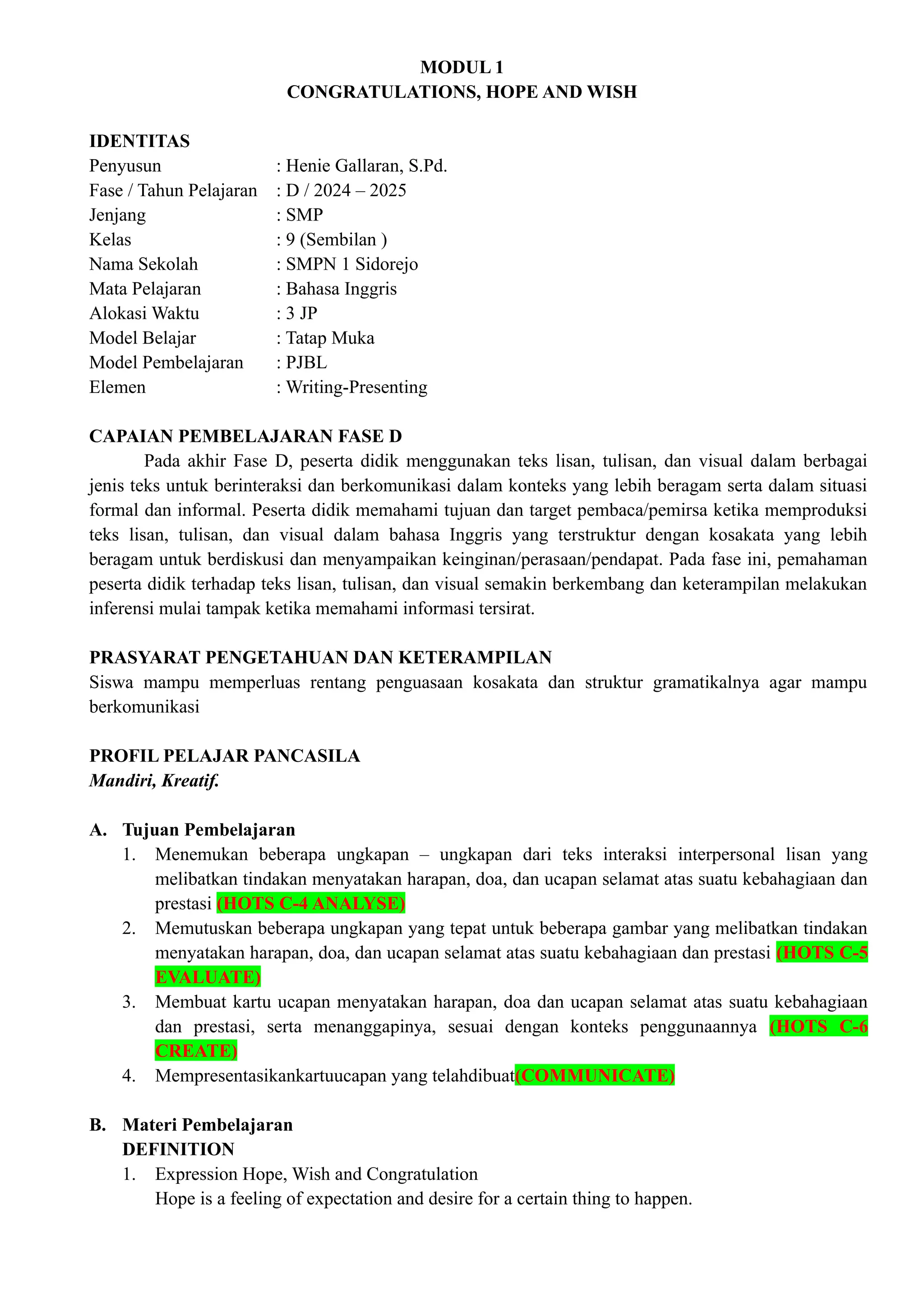 MODUL AJAR BAHASA INGGRIS KELAS 9 TENTANG CONGRATULATION, HOPE AND WISH ...