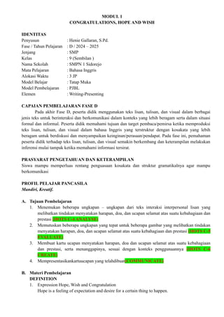 MODUL AJAR BAHASA INGGRIS KELAS 9 TENTANG CONGRATULATION, HOPE AND WISH.docx