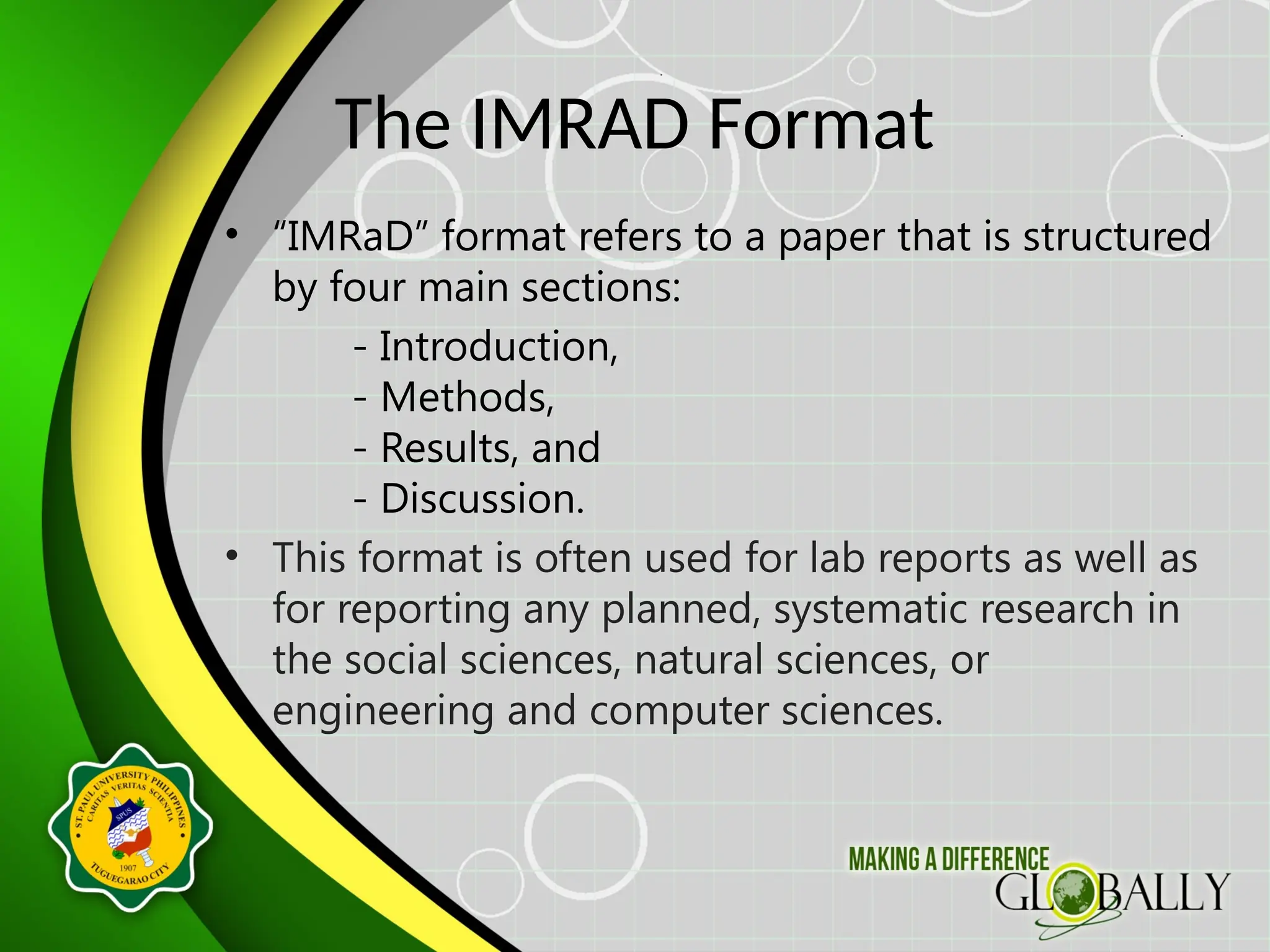 1. PowerPoint Template for DCC 301 The IMRAD Format (Mutmainna, Amriati).pptx | Science