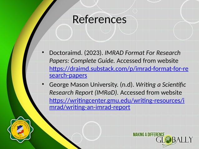 1. PowerPoint Template for DCC 301 The IMRAD Format (Mutmainna, Amriati).pptx | Science